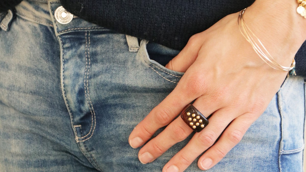 Large colored resin ring with golden balls